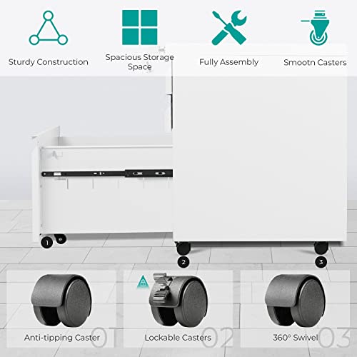 INTERGREAT 3 Drawer Filing Cabinet with Lock, White File Cabinet with Wheels, Locking Metal Cabinets for Home Office