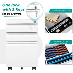 INTERGREAT 3 Drawer Filing Cabinet with Lock, White File Cabinet with Wheels, Locking Metal Cabinets for Home Office