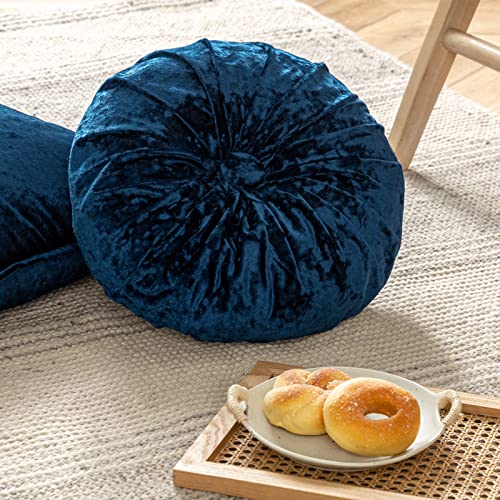 Phantoscope Round Throw Pillow Handcrafted Pumpkin Velvet Floor Pillow Couch Bed and Chair, Navy Blue 16 x 16 inches 40 x 40 cm