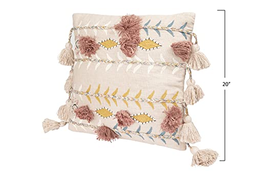 Creative Co-Op Creative Co-Op Cotton Embroidered Pillow with Tassels and Applique, Pink