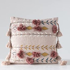 Creative Co-Op Creative Co-Op Cotton Embroidered Pillow with Tassels and Applique, Pink