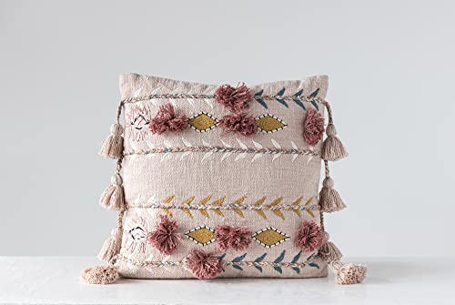 Creative Co-Op Creative Co-Op Cotton Embroidered Pillow with Tassels and Applique, Pink