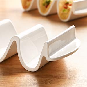 DOWAN Porcelain Taco Holder, 9.75" Large Taco Stand with Handle, Sturdy and Stable, Oven & Microwave & Dishwasher Safe, Safe without Sharp Edge, Taco Trays Holds 3 Taco Shell, Easy to Clean, Set of 2