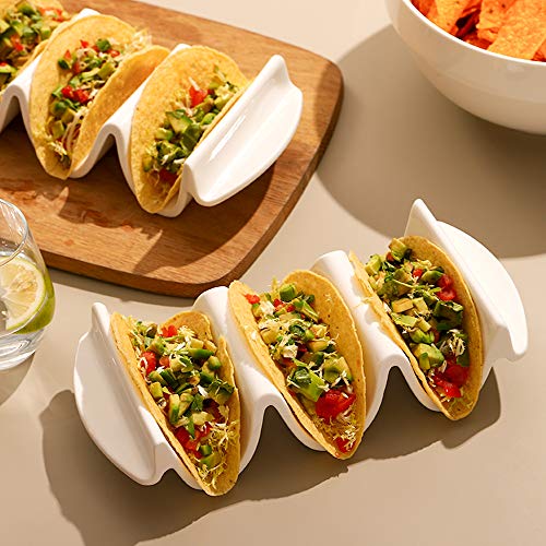 DOWAN Porcelain Taco Holder, 9.75" Large Taco Stand with Handle, Sturdy and Stable, Oven & Microwave & Dishwasher Safe, Safe without Sharp Edge, Taco Trays Holds 3 Taco Shell, Easy to Clean, Set of 2