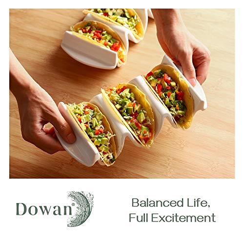 DOWAN Porcelain Taco Holder, 9.75" Large Taco Stand with Handle, Sturdy and Stable, Oven & Microwave & Dishwasher Safe, Safe without Sharp Edge, Taco Trays Holds 3 Taco Shell, Easy to Clean, Set of 2