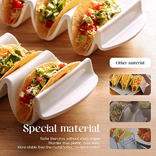 DOWAN Porcelain Taco Holder, 9.75" Large Taco Stand with Handle, Sturdy and Stable, Oven & Microwave & Dishwasher Safe, Safe without Sharp Edge, Taco Trays Holds 3 Taco Shell, Easy to Clean, Set of 2