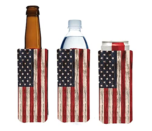 PKM - (2) Distressed USA AMERICAN FLAG Slim Can Cooler Sleeve - Beer Blank Skinny 12 oz Neoprene Coolie - Perfect For 12oz Red Bull, Michelob Ultra,Truly