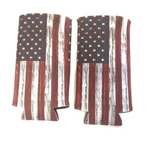 PKM - (2) Distressed USA AMERICAN FLAG Slim Can Cooler Sleeve - Beer Blank Skinny 12 oz Neoprene Coolie - Perfect For 12oz Red Bull, Michelob Ultra,Truly