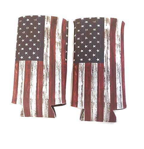 PKM - (2) Distressed USA AMERICAN FLAG Slim Can Cooler Sleeve - Beer Blank Skinny 12 oz Neoprene Coolie - Perfect For 12oz Red Bull, Michelob Ultra,Truly