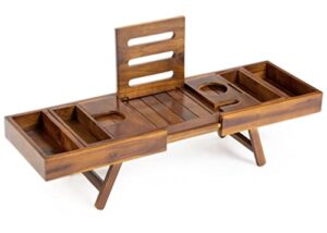 ala teak wood luxury bathtub caddy tray with extendable sides and bed tray, reading rack, tablet holder