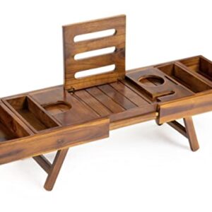 Ala Teak Wood Luxury Bathtub Caddy Tray with Extendable Sides and Bed Tray, Reading Rack, Tablet Holder