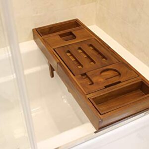 Ala Teak Wood Luxury Bathtub Caddy Tray with Extendable Sides and Bed Tray, Reading Rack, Tablet Holder