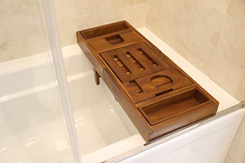 Ala Teak Wood Luxury Bathtub Caddy Tray with Extendable Sides and Bed Tray, Reading Rack, Tablet Holder