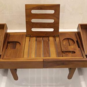 Ala Teak Wood Luxury Bathtub Caddy Tray with Extendable Sides and Bed Tray, Reading Rack, Tablet Holder