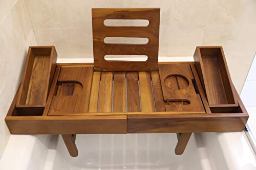 Ala Teak Wood Luxury Bathtub Caddy Tray with Extendable Sides and Bed Tray, Reading Rack, Tablet Holder