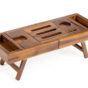 Ala Teak Wood Luxury Bathtub Caddy Tray with Extendable Sides and Bed Tray, Reading Rack, Tablet Holder