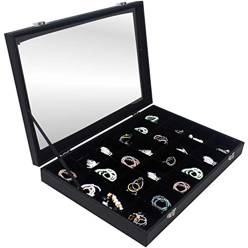 Hivory Velvet Jewelry Display Tray for Earrings & Rings - Stud Earring Storage Box, Earring & Ring Holder Display Case for Girls - Clear lid 24 Grid Jewelry Organizer Box (Black)