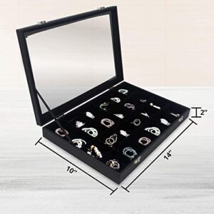 Hivory Velvet Jewelry Display Tray for Earrings & Rings - Stud Earring Storage Box, Earring & Ring Holder Display Case for Girls - Clear lid 24 Grid Jewelry Organizer Box (Black)