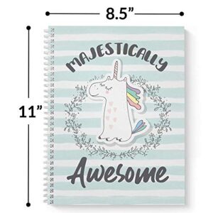 Softcover Majestically Awesome 8.5" x 11" Unicorn Spiral Notebook/Journal, 120 Wide Ruled Pages, Durable Gloss Laminated Cover, White Wire-o Spiral. Made in the USA