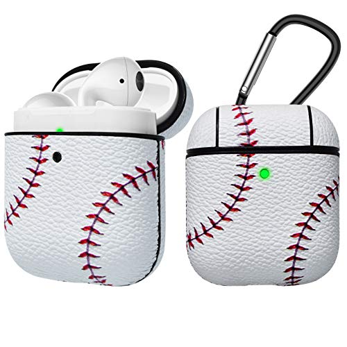 Tekcoo AirPods Case, [Front LED Visible] AirPods Accessories Cover Compatible with Apple Airpods 1 & AirPods 2 Protective PC Plastic Inner + PU Vegan Leather Pattern Skin & Keychain [Baseball]