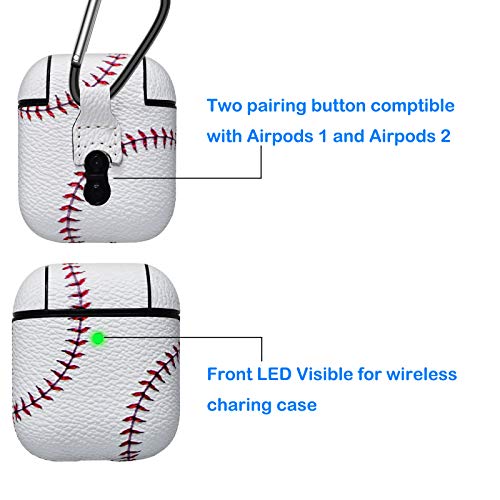 Tekcoo AirPods Case, [Front LED Visible] AirPods Accessories Cover Compatible with Apple Airpods 1 & AirPods 2 Protective PC Plastic Inner + PU Vegan Leather Pattern Skin & Keychain [Baseball]