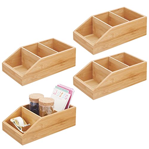 mDesign Bamboo Wood Food Storage Bin with Divided 3 Compartments and Sloped Front for Kitchen Cabinet, Pantry, Shelf to Organize Seasoning Packets, Powder Mixes, Spices, Snacks - 4 Pack - Natural