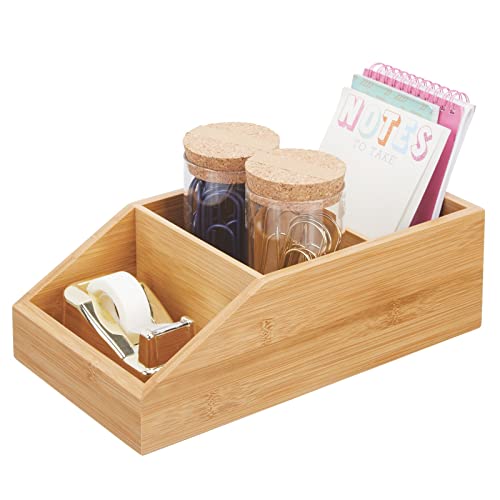 mDesign Bamboo Wood Food Storage Bin with Divided 3 Compartments and Sloped Front for Kitchen Cabinet, Pantry, Shelf to Organize Seasoning Packets, Powder Mixes, Spices, Snacks - 4 Pack - Natural