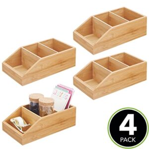 mDesign Bamboo Wood Food Storage Bin with Divided 3 Compartments and Sloped Front for Kitchen Cabinet, Pantry, Shelf to Organize Seasoning Packets, Powder Mixes, Spices, Snacks - 4 Pack - Natural