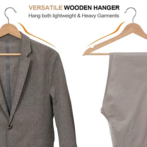 ELONG HOME Solid Wooden Hangers 20 Pack, Wood Suit Hangers with Extra Smooth Finish, Precisely Cut Notches and Chrome Swivel Hook, Wooden Clothes Hangers for Shirt Coat Jacket Dress, Natural