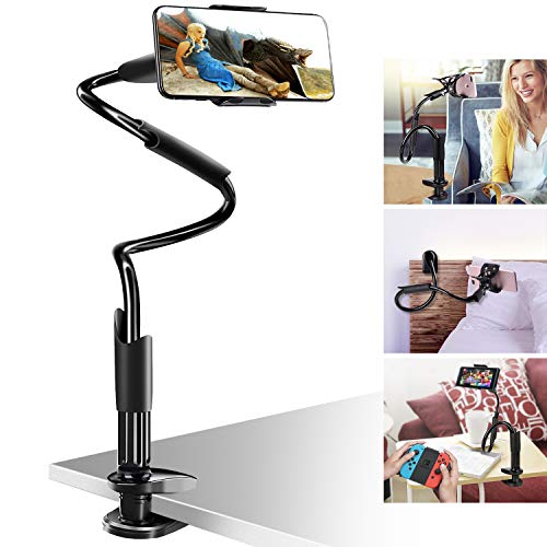 B-Land Bed Phone Holder Gooseneck Mount, Clip Cell Phone Holder for Desk Flexible Arm Clamp Mount Stand for Phone 11 Pro XS Max XR X 8 7 6 Plus Samsung S10 S9 S8 Nintendo Switch (Black)