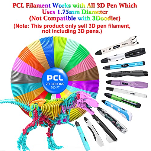 3D Printing Pen PCL Filament Refills 1.75mm, Pack of 20 Colors, Low Melting Temp of 70℃, High-Precision Diameter, Non-Toxic Non-Clogging(200 FT)（not Included 3D Pen）