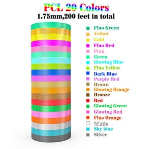 3D Printing Pen PCL Filament Refills 1.75mm, Pack of 20 Colors, Low Melting Temp of 70℃, High-Precision Diameter, Non-Toxic Non-Clogging(200 FT)（not Included 3D Pen）