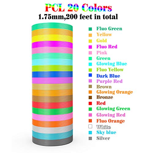 3D Printing Pen PCL Filament Refills 1.75mm, Pack of 20 Colors, Low Melting Temp of 70℃, High-Precision Diameter, Non-Toxic Non-Clogging(200 FT)（not Included 3D Pen）