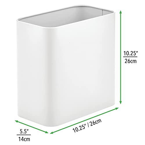 mDesign Small Metal 2.4 Gallon Trash Can Wastebasket Garbage Bin for Bathroom - Mini Slim Rubbish Waste Bin Trashcans for Master or Guest Bath, Bedroom, Garage, Laundry Room, or Playroom, White, Pack of 1