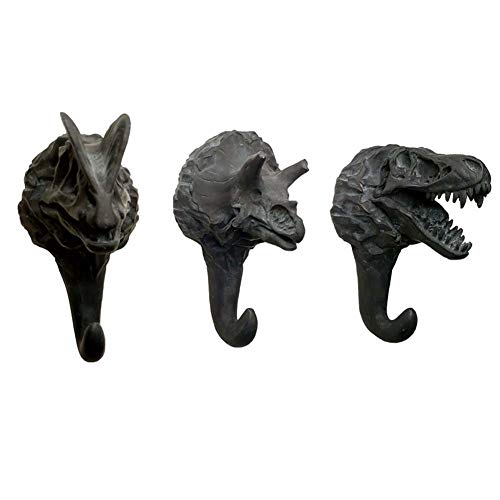 Panda Legends 3-Packs Lifelike Matte Black Dinosaur Fossils Head Skeleton Wall Hooks Resin Coat Hooks Bathroom Hangers Key Hooks