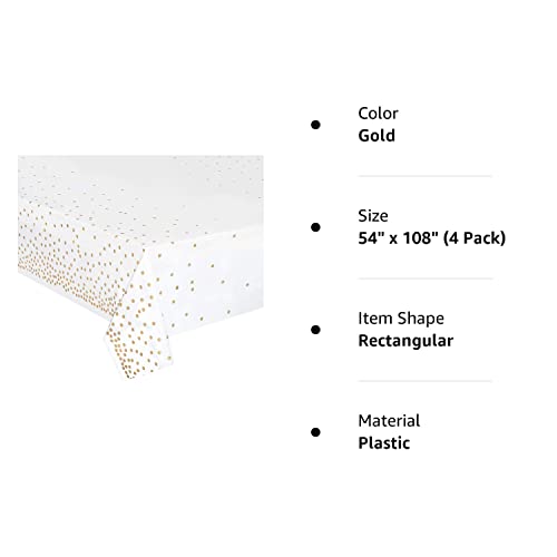 hapray 4 Pack Plastic Tablecloths for Rectangle Tables, Waterproof Disposable Party Table Cloths with Gold Dot, Rectangular Table Covers for Decorations, Baby Shower, Birthday, Wedding, 54” x 108”