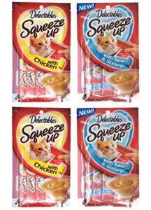 delectables hartz squeeze up cat treats variety 4 pouch bundle of 2 flavors; 2 pouches of each flavor (2.0 oz each) (chicken, tuna & shrimp)