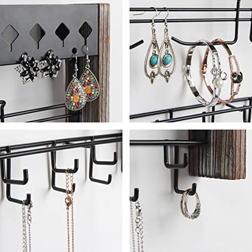 JackCubeDesign Rustic Wood Wall Mount Jewelry Organizer with Metal Hooks for Necklaces, Ring, Earrings (Rustic White) - MK460B