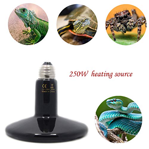 2RZ 250 Watt Reptile Heat Lamp Bulb, No Light Infrared Ceramic Heat Emitter for Pets Terrarium Brooder Coop, Lizard, Aquarium, Lambs, Snake, Amphibian, Black