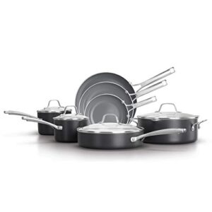 calphalon 11-piece pots and pans set, oil-infused ceramic cookware with stay-cool handles, ptfe- and pfoa-free, dark grey