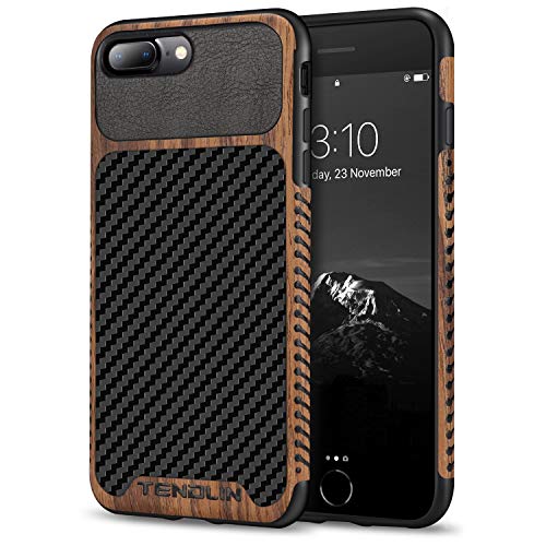 TENDLIN Compatible with iPhone 7 Plus Case/iPhone 8 Plus Case Wood Grain with Carbon Fiber Texture Design Leather Hybrid Slim Case Compatible with iPhone 7 Plus and iPhone 8 Plus (Carbon & Leather)