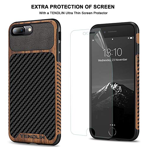 TENDLIN Compatible with iPhone 7 Plus Case/iPhone 8 Plus Case Wood Grain with Carbon Fiber Texture Design Leather Hybrid Slim Case Compatible with iPhone 7 Plus and iPhone 8 Plus (Carbon & Leather)