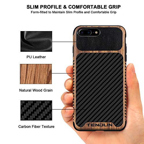 TENDLIN Compatible with iPhone 7 Plus Case/iPhone 8 Plus Case Wood Grain with Carbon Fiber Texture Design Leather Hybrid Slim Case Compatible with iPhone 7 Plus and iPhone 8 Plus (Carbon & Leather)