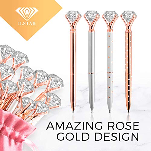 12 Big Diamond Ballpoint Pens Rose Gold – 12 Ink Refills Black & Blue, Fancy Gift Bag for Women Girls Bridesmaid Coworker, Top Cute Office Supplies Cool School Crystal Bling Jewel Writing Pen Bulk Set