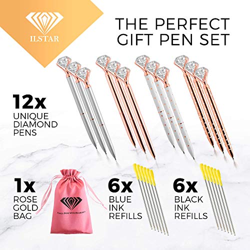 12 Big Diamond Ballpoint Pens Rose Gold – 12 Ink Refills Black & Blue, Fancy Gift Bag for Women Girls Bridesmaid Coworker, Top Cute Office Supplies Cool School Crystal Bling Jewel Writing Pen Bulk Set