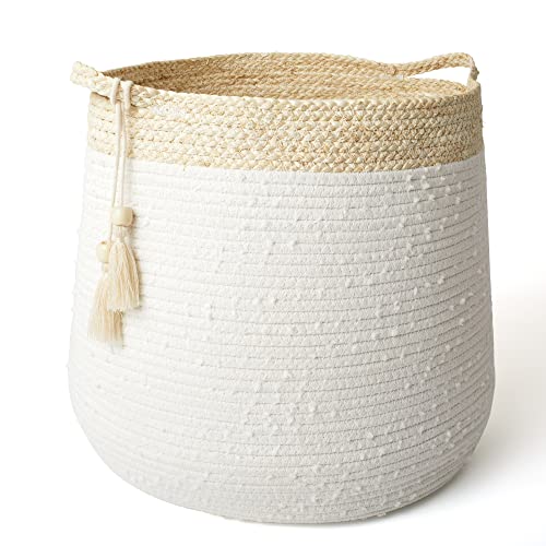 Rope Basket Woven Storage Basket - Laundry Basket Large 17.3x 15 x 14.1 Inches Cotton Blanket Organizer, Baby Nursery Containers White Home Decor Gift