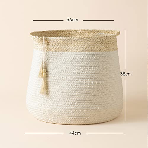 Rope Basket Woven Storage Basket - Laundry Basket Large 17.3x 15 x 14.1 Inches Cotton Blanket Organizer, Baby Nursery Containers White Home Decor Gift