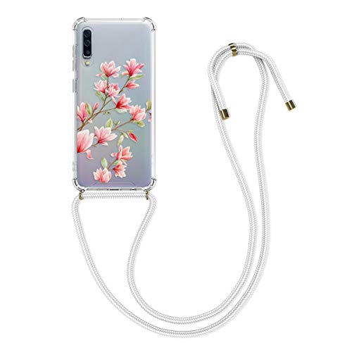 kwmobile Crossbody Case Compatible with Samsung Galaxy A50 Case Strap - Magnolias Pink/White/Transparent