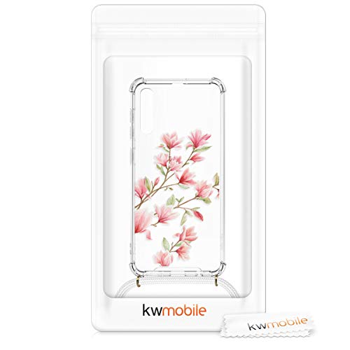 kwmobile Crossbody Case Compatible with Samsung Galaxy A50 Case Strap - Magnolias Pink/White/Transparent