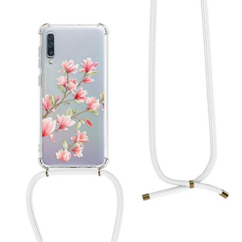 kwmobile Crossbody Case Compatible with Samsung Galaxy A50 Case Strap - Magnolias Pink/White/Transparent